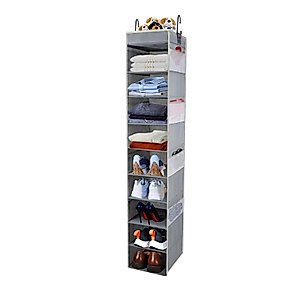 roomtalk Large-Sized Hanging Shoe Organizer 10-Shelf, Sturdy Hanging Closet Organizer with 8 Side Pockets, Wider Hanging Shelves for Storage Shoes Clothes Jeans Shirts Toys, Grey