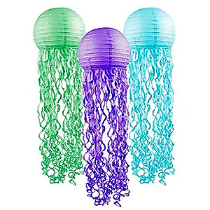 Jellyfish Paper Lanterns 3 Pack Purple Green and Blue Mermaid Under The Sea Ocean Birthday Party Decorations Supplies Easy Setup Room Décor
