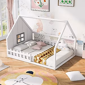 DEINPPA Full Size House Bed with Fence Guardrails, Kids Floor Bed with Roof Design and Window Design, Wood Bed Frame for Kids Toddler Boys Girls-White