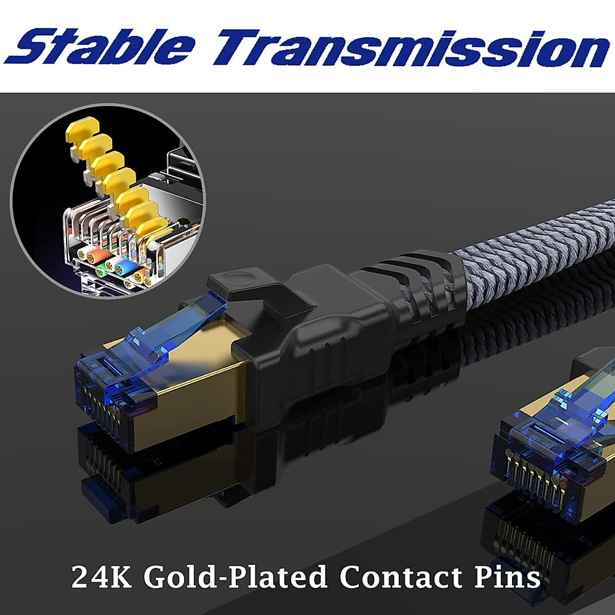 Cat 8 Ethernet Cable 30 ft, Fastest Cat8 Internet Network Cable High Speed 2000Mhz 40Gbps S/FTP RJ45 Cables for Gaming/PS4/5/Modem/Router, Braided Heavy Duty LAN Cable Shielded in Wall/Indoor&Outdoor