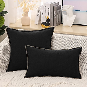 decorUhome Decorative Outdoor Throw Pillow Covers 18x18 Set of 2, Square Linen Rustic Farmhouse Pillow Covers with Stitched Edge for Couch, Sofa, Living Room, Black