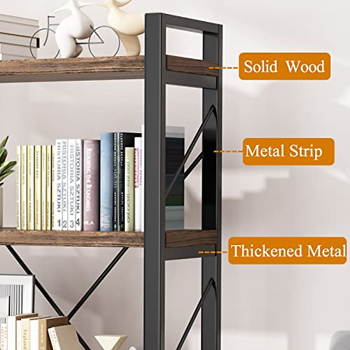 LZ-DONGMAN 5 Tier Bookshelf Rustic Solid Wood Industrial Style Bookcase,Metal and Real Wood Vintage Bookshelf,Book Shelves Home Office, Retro Brown,Dark Matching credenza(LZ01-05tier)