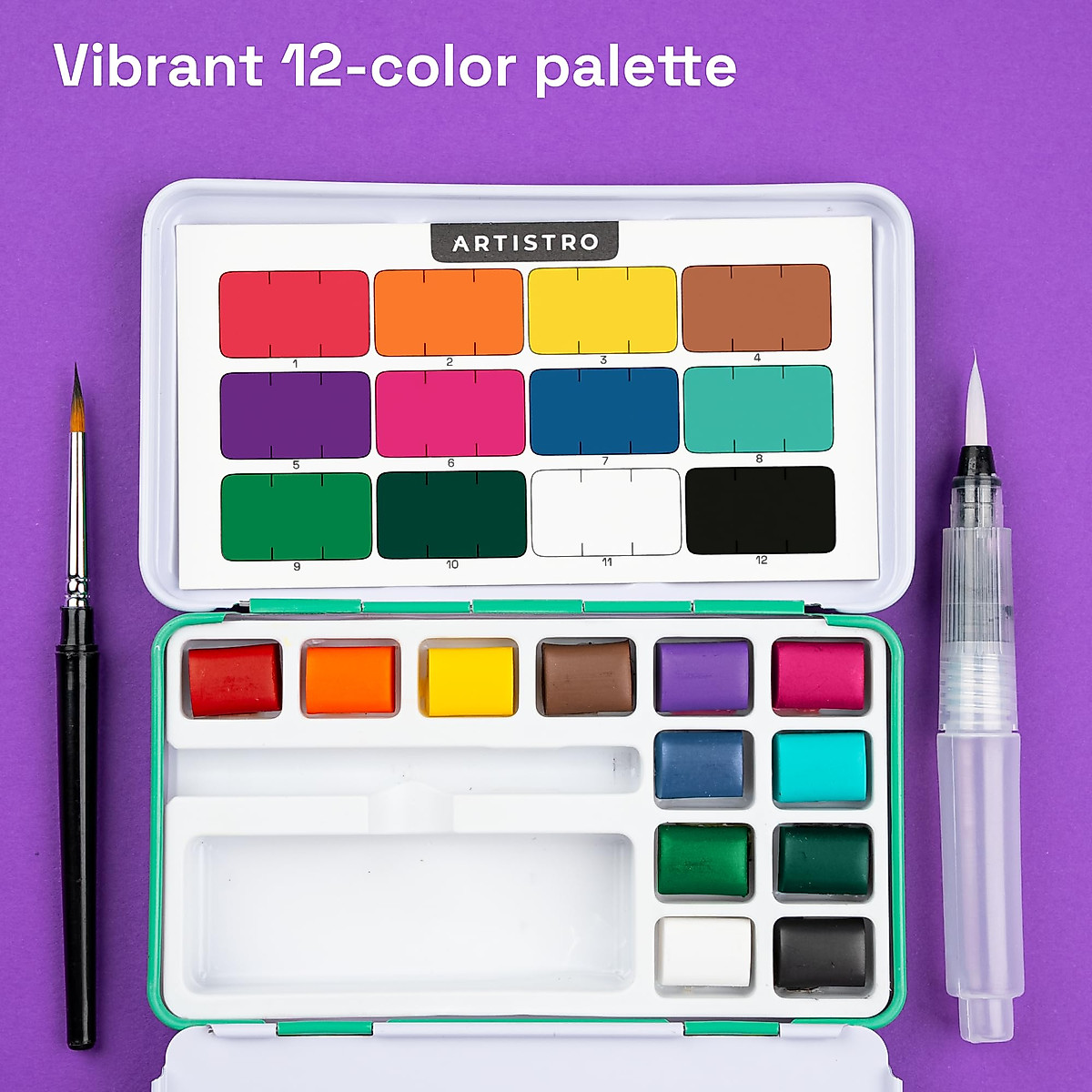 ARTISTRO Watercolor Paint Set 12 Colors, Travel Watercolor Set in Portable Box, Water Color Paint Sets for Kids, Mini Water Colors Paint Adult Set for Artists, Beginners, Amateur Hobbyists