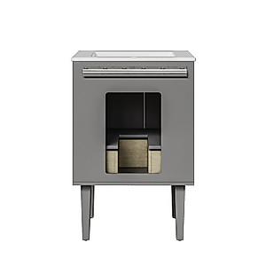 SSLine Free Standing 24-Inch Bathroom Vanity with Ceramic Sink Modern Small Bathroom Vanity with Top Basin and Storage Cabinet Floor Stand Wood Bath Vanity w/Gold Handles for Small Space(Grey)