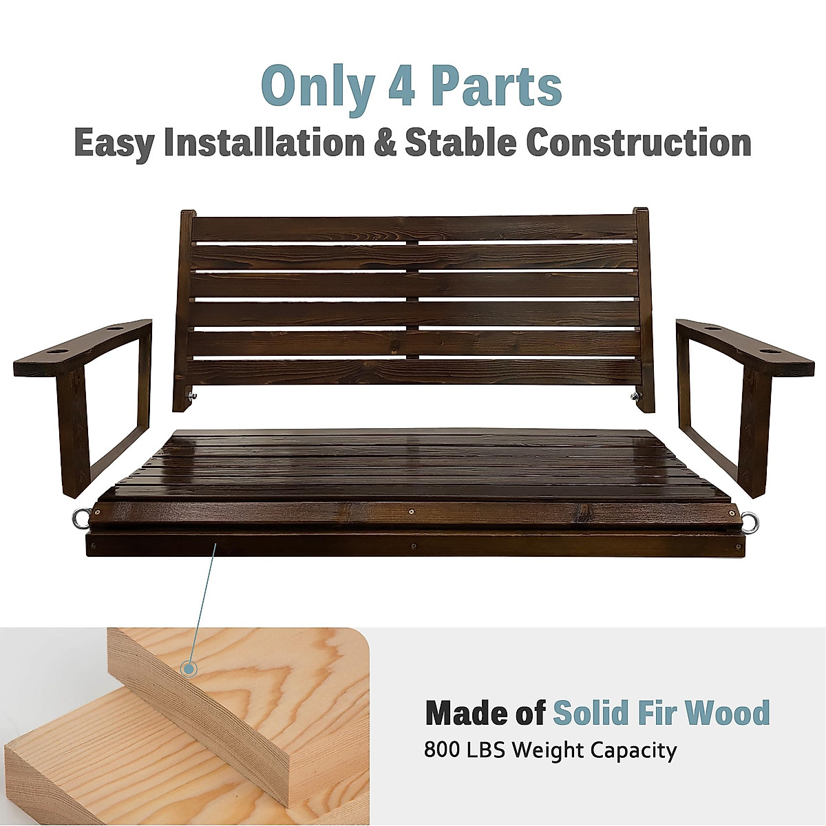 Wooden Porch Swing, Ergonomic Seat, Bench Swing with Hanging Chains and 7mm Springs, Heavy Duty 800 LBS, for Outdoor Patio Garden Yard (Deep Brown, 2-Seater)