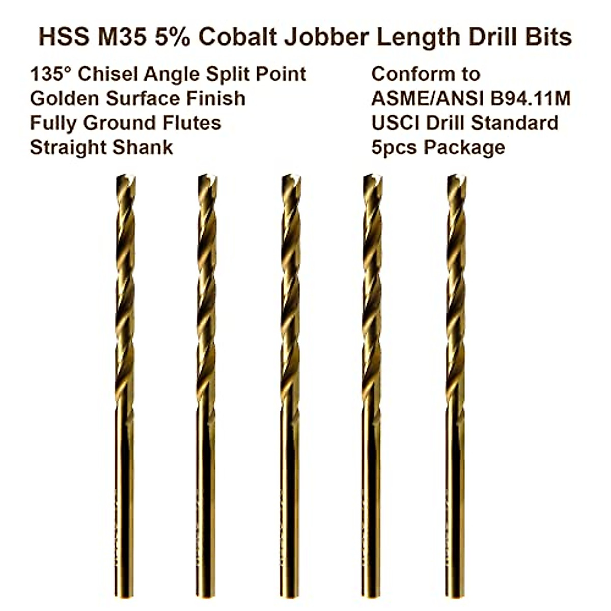 MAXTOOL No.10 5pcs Identical Jobber Length Drills Dia 0.1935" HSS M35 Cobalt Twist Drill Bits Wire Gauge Numbered Golden Straight Drill; JBN35G10R10P5