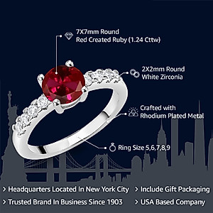 Gem Stone King Red Created Ruby Engagement Anniversary Promise Ring For Women (1.24 Cttw, Gemstone July Birthstone, Round 7MM, Available in Size 5,6,7,8,9)