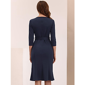 Allegra K Elegant Sheath Dress for Women's Casual Work Belt Sllit Hem Fishtail Dresses Small Dark Blue