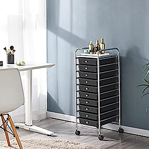 Topeakmart Plastic Trolley with 10 Drawers Rolling Cart Organizer Utility Cart Storage Bin Organizer on Wheels, Black