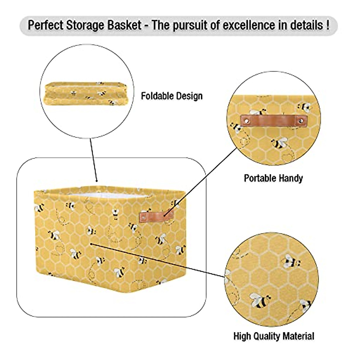 Storage Basket Organizer Animal Bee with Handles, Bee Print Foldable Storage Bins Rectangular Storage Box for Nursery Shelf Books Clothes Toys Kids Bins, 1 Pack