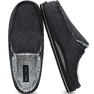 ONCAI Mens Slippers with Orthotic Arch Support,Cotton-Blend High-Density Memory Foam Plantar Fasciitis House Slippers Warm Stripe Faux Fur Clogs Slip-on Indoor Outdoor Rubber Sole BlackSize 10