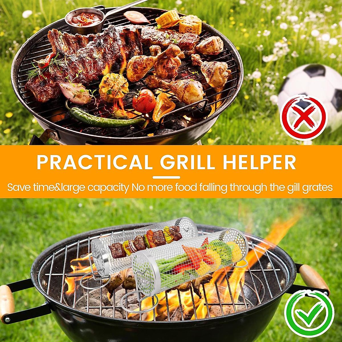 [2 PCS]BBQ Grill Basket - Rolling Grilling Baskets for Outdoor Grilling,Grill Baskets for Outdoor Grill Vegetables,Round Grill Basket,Barbecue Grill Vegetable Basket for Veggies,Fish,Jalapeno,Cylinder