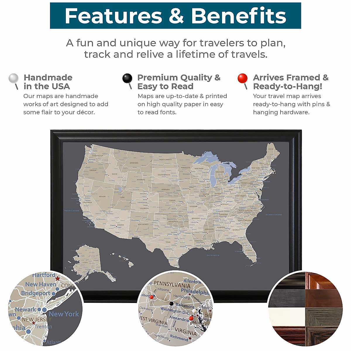 Push Pin Travel Maps Customizable Wall Art - Earth Toned US - Barnwood Gray - Personalized Framed Pin Map, Includes 150 Pins - Handcrafted in USA - 27.5" x 39.5"