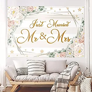 Just Married Mr & Mrs Backdrop Banner Pink Floral Bridal Shower Wedding Theme Party Decorations Photography Background Supplies for Women Men, Multicolor