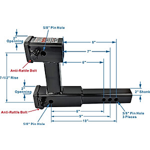 TOPTOW 64131HP Dual Hitch Extender, Fits for 2 inch Trailer Receivers, Extension to 10 inch Max. Length & 7-1/2" Riser or Drop