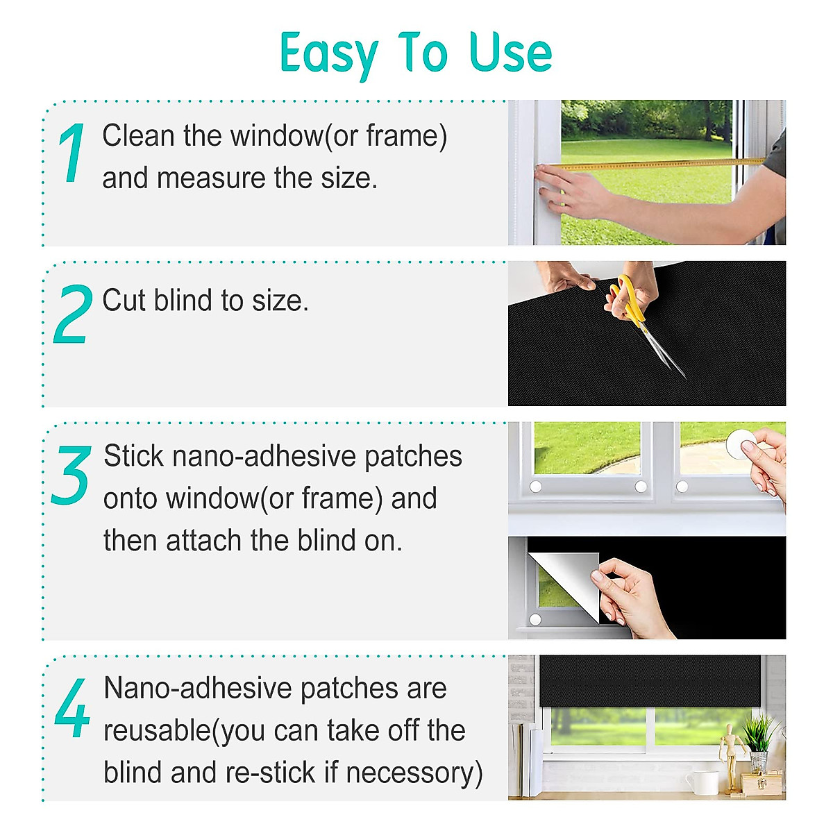 Black Out Blinds for Window 100% Blackout Fabric 118"x57" Portable Blackout Shades Temporary Sun Blocking for Window Quick Use with Nano Stickers for Home & Travel Rollable Washable Reusable