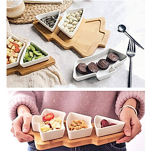 Loticy White Tree Plates Chip & Dip Set, 11 Inches Ceramic Snack Plate with Bamboo Tray, Removable Porcelain Christmas Tree Appetizer Dessert Fruit Salad Saucers Bowl, Cutlery Platter Serving Dish