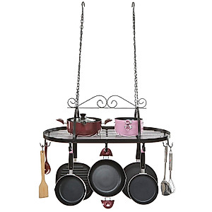 MyGift Black Scrollwork Metal Pot and Pan Ceiling Hanging Rack Heavy Duty Cooking Pans and Utensil Hanger with 10 Dual Hooks