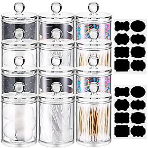 12 Pack Cotton Ball Dispenser Clear Apothecary Jars with Labels Acrylic Cotton Swab Holder Transparent Cotton Ball Container Round Flosser Organizer Cotton Balls Storage Bathroom Canisters