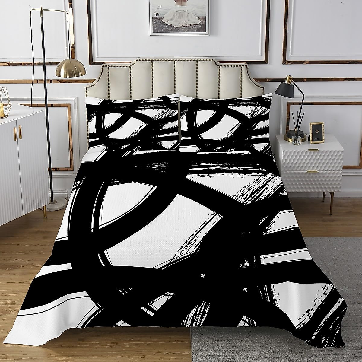 jejeloiu Black and White Bedspread King Size Geometry Modern Stripe Quilted Coverlet for Kids Teens Adults Neutral Art Coverlet Set Abstarct Art Quilted Room Decorations 3Pcs with 2 Pillow Cases