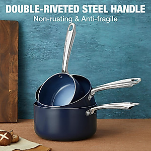HLAFRG 1+2+3QT Nonstick Saucepan Set with Lids, Small Pot Set, Ceramic Coating, Less Oil and Easy to Clean, Stainless Steel Handle, Oven Safe, Fast and Even Heating, Gradient Blue Pan