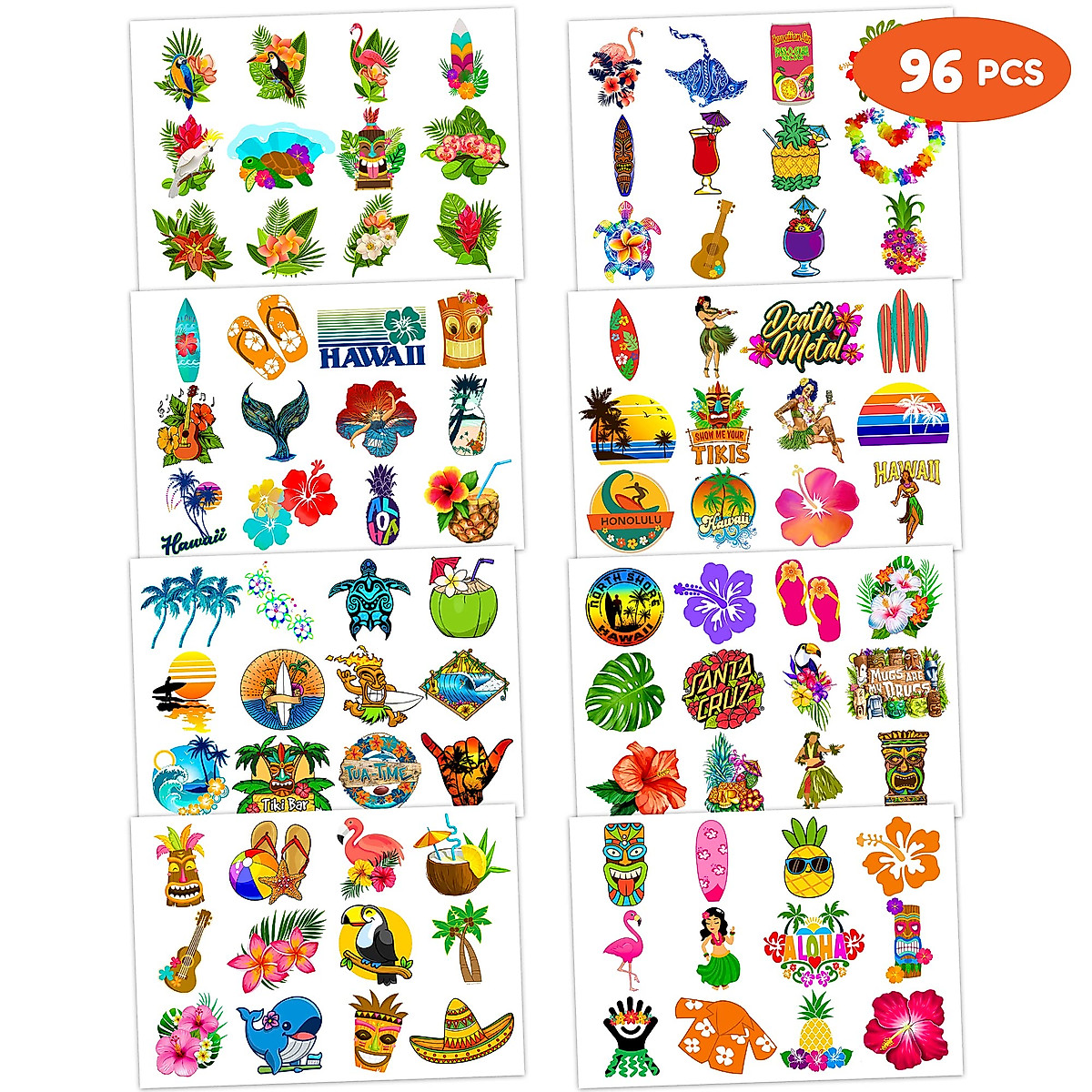 Hawaiian Luau Tattoos Temporary Theme Birthday Party Decorations Supplies Favors Decor Cute Summer Beach Tattoo Stickers 8 Sheets 96 PCS Gifts for Kids Girls Boys Classroom Rewards Carnival Christmas