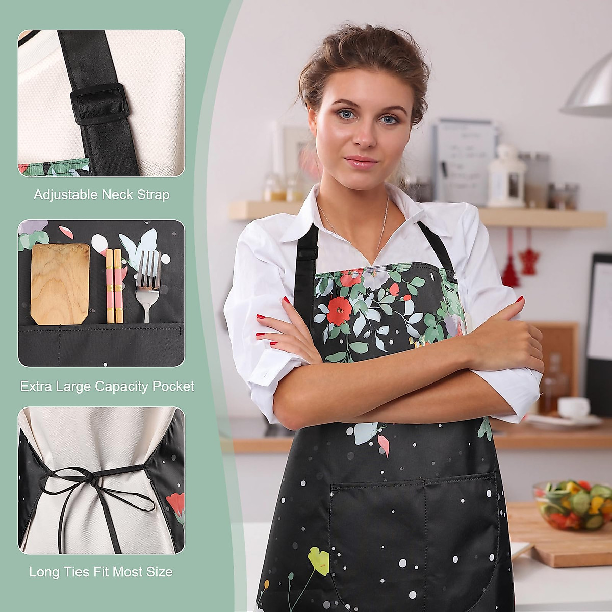 IHFAIO Apron for Women with Pockets, 2 Pcs Waterproof Floral Apron with Adjustable Neck Strap for Cooking, Baking, Gardening, Crafts