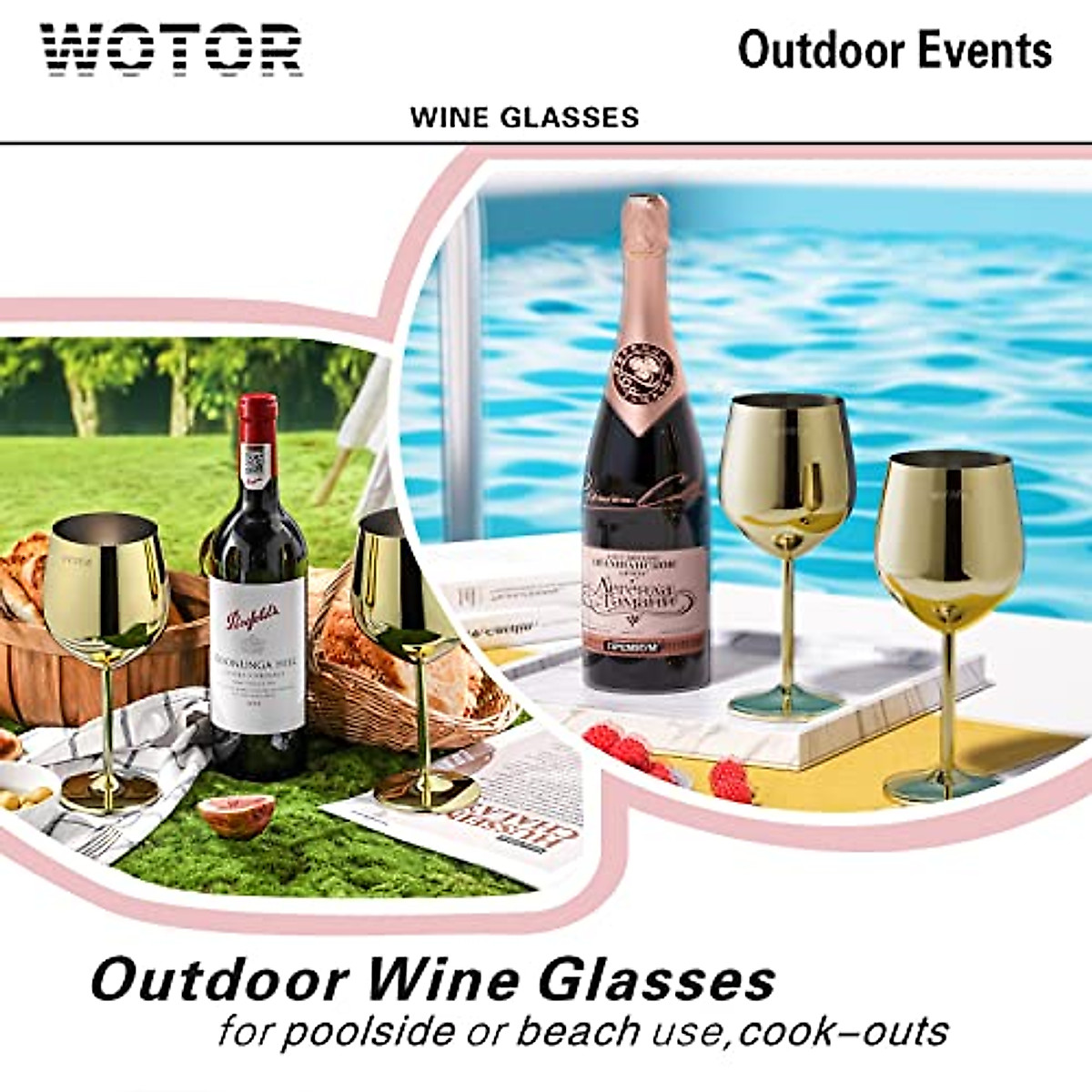 WOTOR Gold Wine Glasses Set of 2 with Wine Stopper, 18oz Unbreakable Gold Goblet, Stainless Steel Wine Glass, Fancy, Unique and Portable Metal Wine Glass, Ideal Gift for Wine Lovers