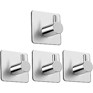 Self Adhesive Hooks 4 Pack, Brushed Stainless Steel Adhesive Door Hooks, Coat Hooks,Towel Hooks， Anti-Rust Waterproof Sticky Hooks for Kitchen Bathroom Office Toilet, No Drill Glue Needed