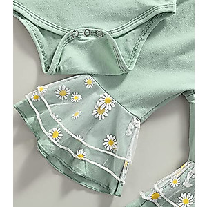 Baby Girls Bell Bottoms 3Pcs Daisy Outfits Mesh Patchwork Playsuit Flared Pants Headband (Green, 6-12 Months)