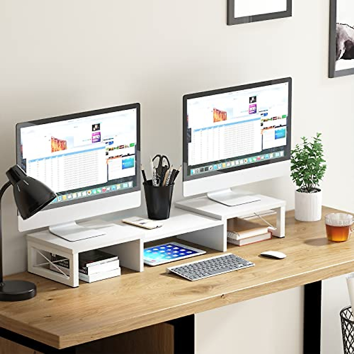 Giikin Dual Monitor Stand Riser - Office Desktop Organizer, Angle & Length Adjustable, 3 Shelf, Multifunctional Stand for Computer, Laptop, PC, TV (White)