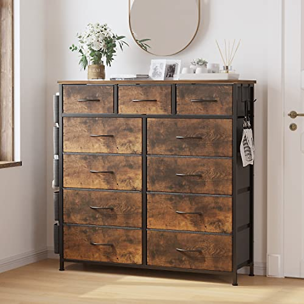 LIVEHOM 11 Dresser Drawer for Bedroom, Chest of Drawers with Side Pockets, Hooks, Fabric Storage Drawer, Steel Frame, Wood Top, Organizer Unit and Pull Handle for Closet, Nursery