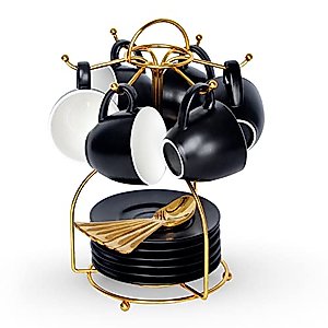 Lareina Espresso Cups with Saucers, Spoons and Metal holder, 3 oz Porcelain Demitasse Cups Set of 6, Small Coffee Cups with Handle for Nespresso Lungo, Espresso, Cortado and Tea, Black