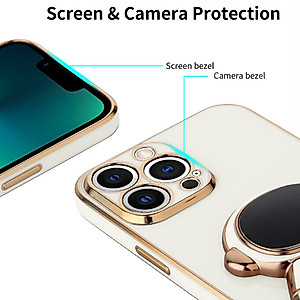 AIGOMARA 6D Plating Astronaut Hidden Stand Case Cover for iPhone 13 Pro Max Women Astronaut Folding Bracket Kickstand iPhone Case with Camera Protector Soft TPU Shockproof Bumper 6.7 Inch - White