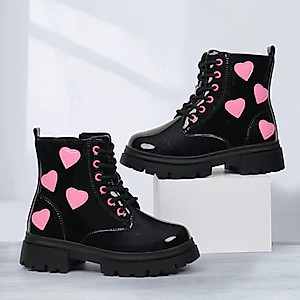 starmerx Girls Ankle Boots Lace Up Combat Boot Side Zipper Comfortable Boys Boots (2,Black Heart)