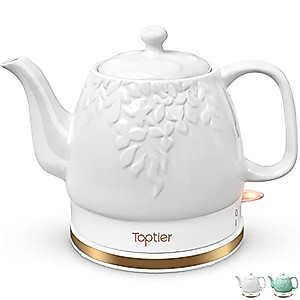Toptier Electric Ceramic Tea Kettle, Boil Water Quickly and Easily, Detachable Swivel Base & Boil Dry Protection, Carefree Auto Shut Off, 1 L, White Leaf