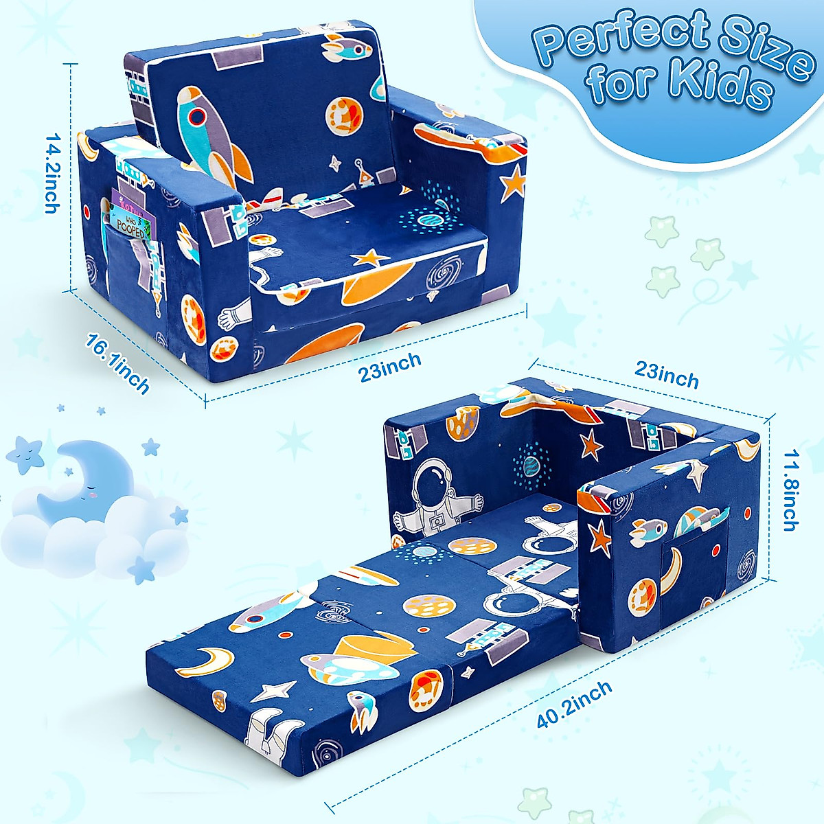 OSYKIU Kids Couch, 2-in-1 Toddler Couch Sofa, Kids Sofa Fold Out, Comfy Toddler Sofa Glowing in The Dark, Child Sofa Chair for Boys Girls Gifts, Convertible Baby Sofa Bed for Playroom Bedroom