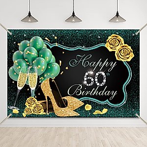 Bellimas Happy 60th Birthday Backdrop Green and Black Women Birthday Party Background High Heels Gold Rose Sixty Birthday Prom Party Supplies Banner with Copper Grommets