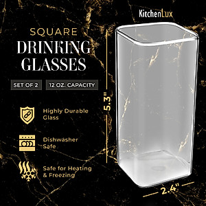 Kitchen Lux Square Drinking Glasses Set of 2 - Square Glass Cups 12 oz - Modern Glassware Set - Trendy Aesthetic Glass Ware for Highball Whiskey Cocktail Beer Water Tea Iced Coffee - Bar Accessories