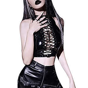 Women Goth Crop Top Black Leather Punk Harajuku Bandage Buckle Vest Hollow Out Halter Neck Camisole