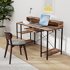 Rolanstar Computer Desk 47 inch with LED Lights & Power Outlets, Gaming Desk with Storage Shelves, Home Office Desk with Keyboard Tray, Writing Desk with Monitor Stand, Work Desk, Rustic Brown