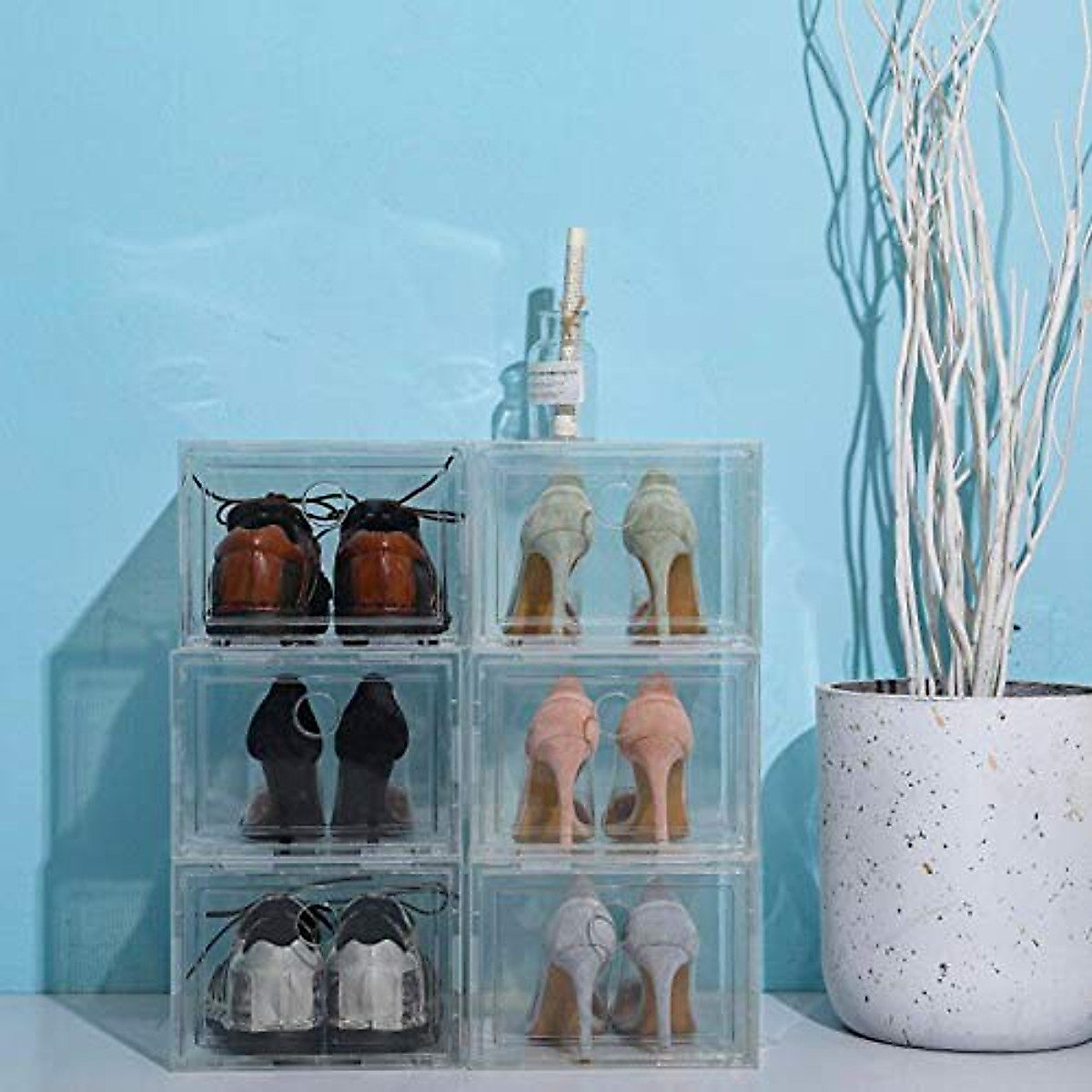 Otwthsui Shoe Box, Shoe Boxes Clear Plastic Stackable, Clear Plastic Shoe Boxes for Closets and Entryway, 13.38 × 9.84 × 7.08Inch, Foldable Plastic Shoe Organizer, 6 Pack (Clear)