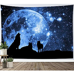 HVEST Wolf Tapestry Wall Hanging Full Moon in Blue Space Tapestries Wild Animal Wolves Wall Decor Blanket for Kids Bedroom Living Room Dorm Party (48X36")