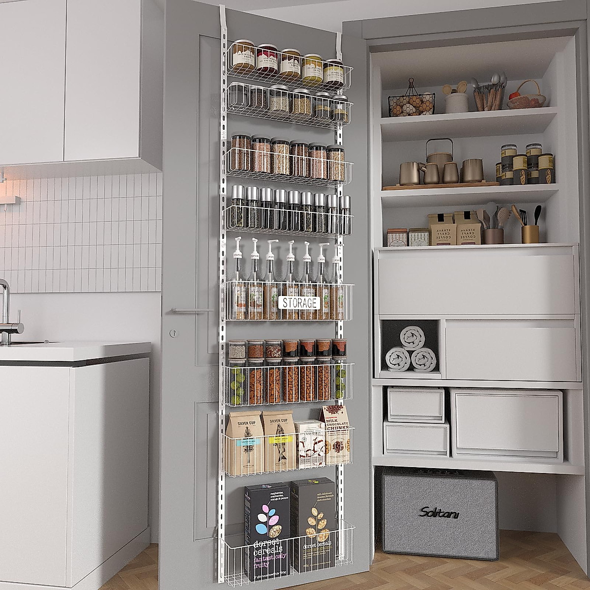 Shengsite Over Door Pantry Organizer, Detachable Alloy Steel Storage Rack, 4 Large and 4 Small Baskets, Ideal for Kitchen, Bathroom, Table Food Storage