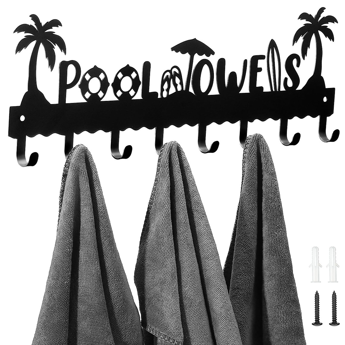 Capoda Pool Towel Rack Metal Towel Hooks Wall Mounted Towel Holder Beach Towel Hook Rack Summer Pool Towel Holder with 8 Hooks for Storage Bath Towel, Robe Swimsuit, Coat, Bags, Phone, Keys (Black)