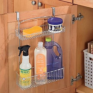 mDesign Steel Over Cabinet Kitchen Storage Organizer Holder or Basket - Hang Over Cabinet Doors in Kitchen, Pantry, Bathroom - Holds Dish Soap, Window Cleaner - Concerto Collection - Chrome