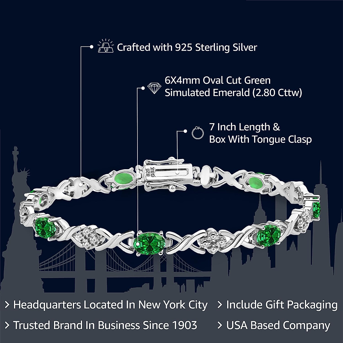 Gem Stone King 925 Sterling Silver Green Simulated Emerald Tennis Bracelet For Women (2.80 Cttw, Gemstone Birthstone, Oval 6X4MM, 7 Inch)