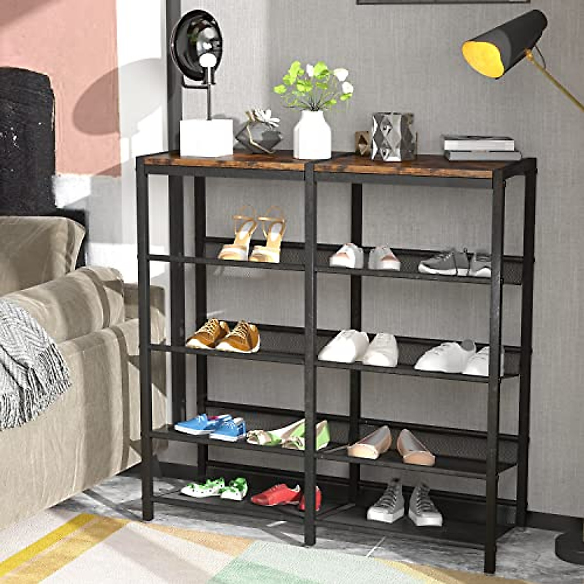 Lamerge Shoe Rack Storage Organizer, 5-Tier Shoe Storage Shelf for 16 Pairs,Stackable Shoe Shelf with 4 Metal Mesh Shelves /wood tabletop,for Entryway, Hallway, Closet, Dorm Room,Rustic Brown