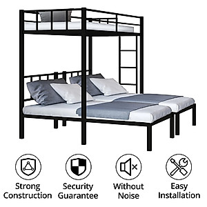 INCLAKE Triple Bunk Bed, Metal Twin Over Twin & Twin Bunk Beds for 3 with Guardrails, Ladder & Upper-Bed Platform, Detachable 3 Bunk Beds for Children, Teens, Adults, No Box Spring Needed, Black