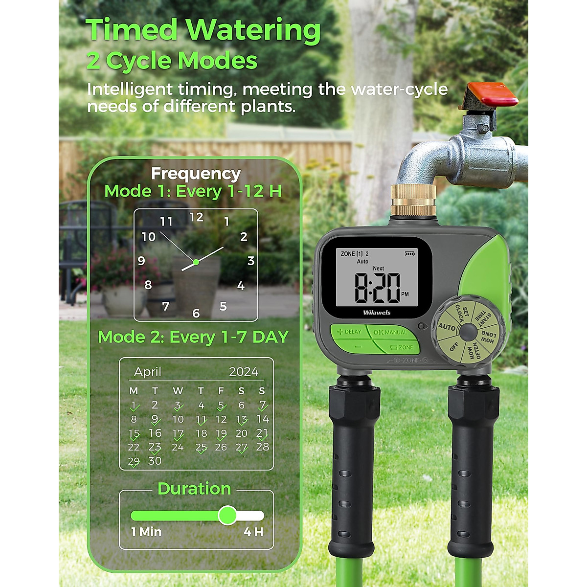 WILAWELS Brass Sprinkler Timer 2 Zone, Programmable Garden Water Timer, Automatic Irrigation Timer with Rain Delay/Manual/Auto Mode, Waterproof and Leak-Proof, for Yard, Garden, Lawn, 2 Outlet B12WT06